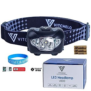 Vitchelo Black Headlamp Flashlight - Red Safety Light - 6 Light Modes - Super Bright Waterproof Adjustable Head Light - 3 AAA Batteries - Running, Jogging, Camping, Hiking, Cycling - Kids, Adults