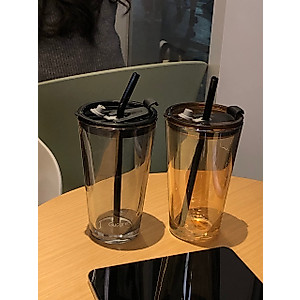 2 Pack 16 Ounce Tumbler with Lid and Straw, Leakproof Glass Cups with Lids and Straws, Iced Coffee Cup Silicone Sleeve Smoothie Cup Boba Cup