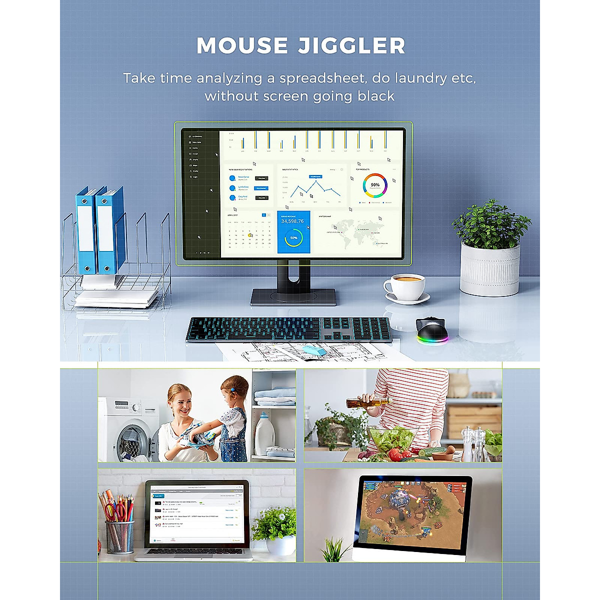 PEIOUS Wireless Mouse, Jiggler Mouse for Laptop - LED Mouse Rechargeable Computer Mice Mouse Mover Undetectable Random Movement with On/Off Button Keeps Computer Awake - Black&Grey