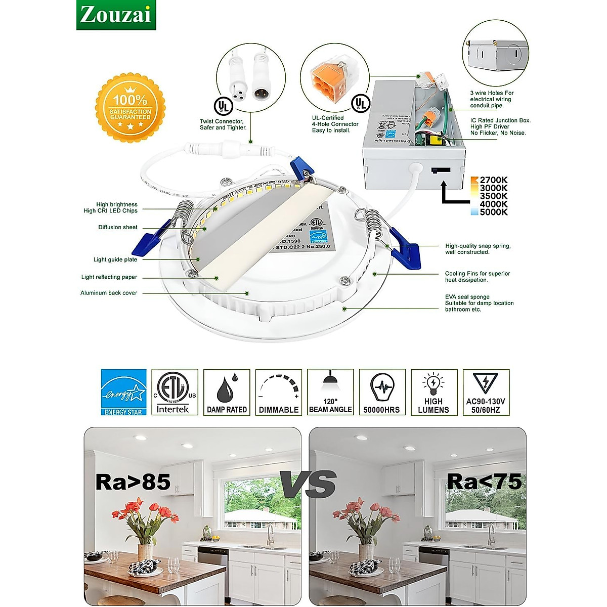 zouzai 1 Pack 6 Inch 5CCT Ultra-Thin LED Recessed Ceiling Light with Junction Box, 2700K/3000K/3500K/4000K/5000K Selectable, 12W Eqv 110W,Dimmable, led can Lights- ETL and Energy Star Certified