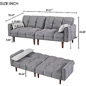 3 in 1 Convertible Linen Upholstered Tufted Futon Sofabed ,81-inch Modern Oversized Functional Loveseat Sofa Convertible Sleeper Couch Bed with Split Backrest ,2 Pillows and Wood Legs for Living Room