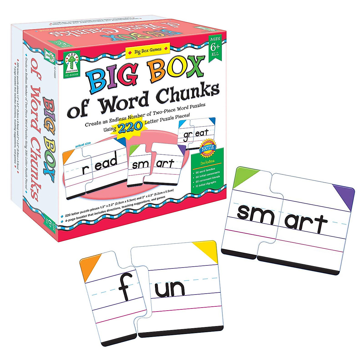 Key Education Big Box of Word Chunks—Puzzle Game for Grades 1-3 Beginning Readers, Reading and Phonics Practice with Color-Coded Letter Puzzle Pieces (220 pc)