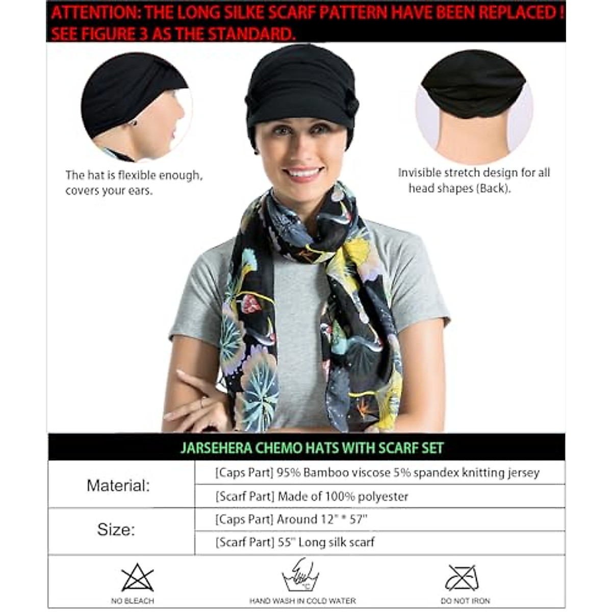 JarseHera Chemo Hats for Women Bamboo Cotton Lined Newsboy Caps with Scarf Double Loop Headwear for Cancer Hair Loss Black