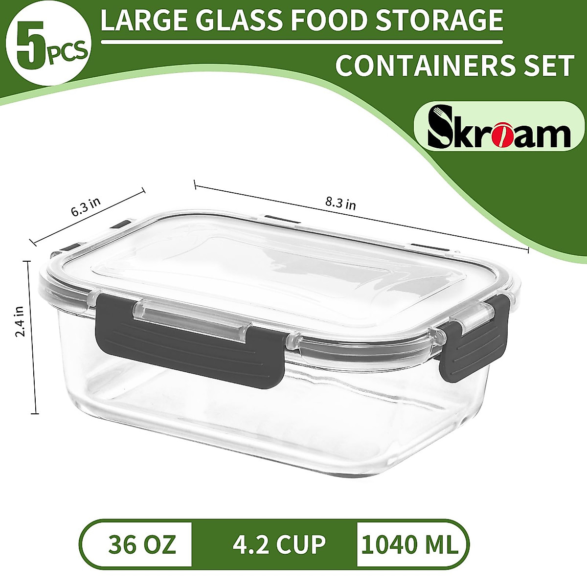Skroam 5-Packs 36OZ Glass Food Storage Containers with Lids Airtight, Glass Meal Prep Container for Lunch, Pantry Organizers and Storage, Glass Lunch Boxes for Freezer to Oven Safe, Leak Proof