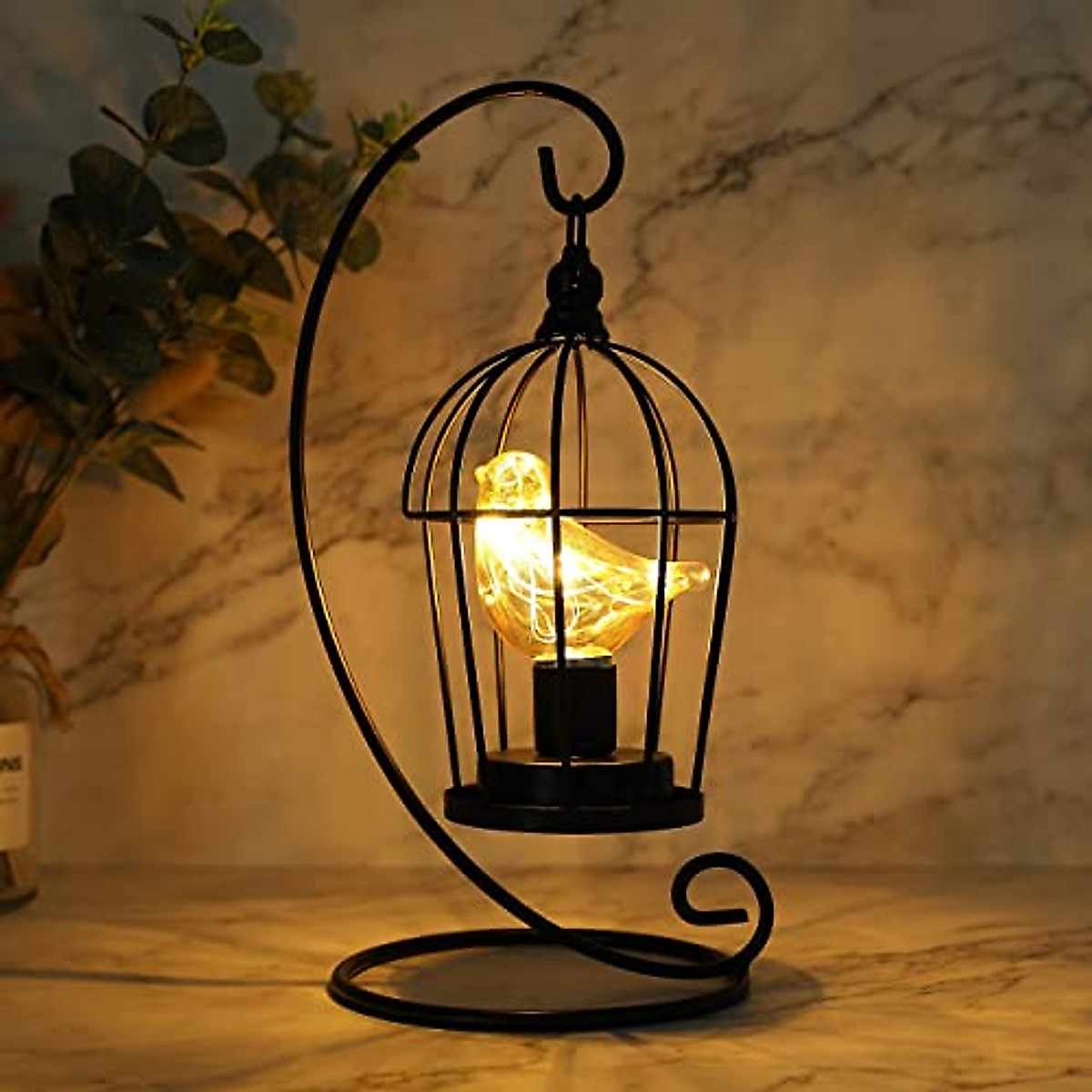 JHY DESIGN Birdcage Bulb Decorative Lamp Battery Operated 12" Tall Cordless Accent Light with Warm White Fairy Lights Bird Bulb for Living Room Bedroom Kitchen Wedding Xmas(Black)