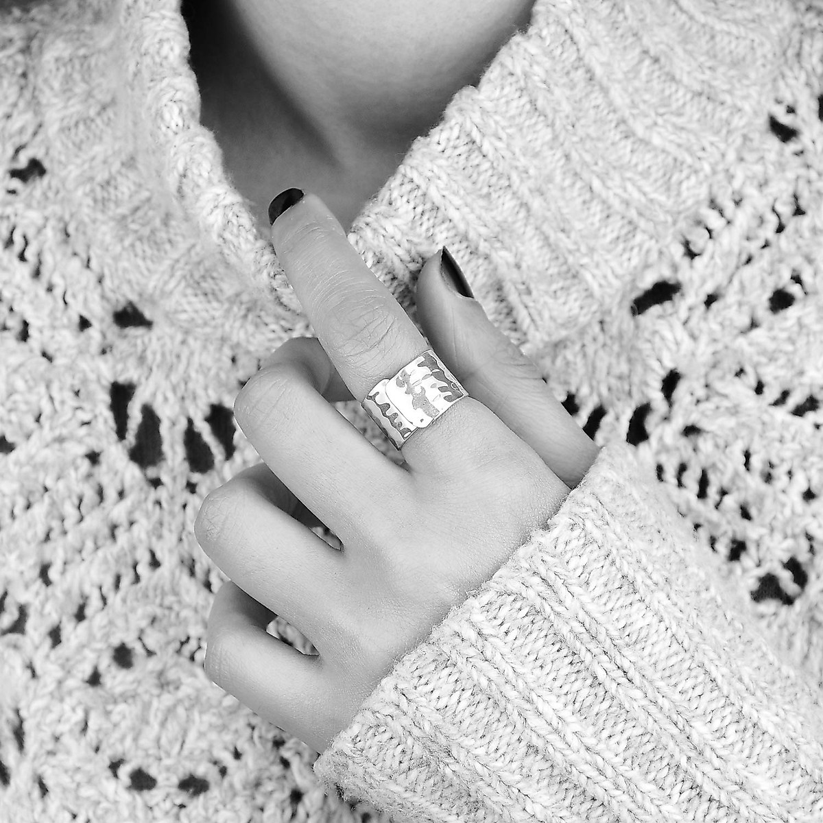 Boho-Magic 925 Sterling Silver Band Ring for Women Plain Thumb Wide Cuff Hammered Adjustable (7)