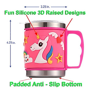 F-32 12 Oz Kids Stainless Steel Unicorn Pink 3D Mug with 2 Pack Slider Closure Lids - Eco-Friendly - BPA Free Signature Collection (Unicorn Pink)