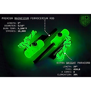 Swiss Safe 5-in-1 Magnesium Ferro Rod Fire Starter Survival Tool - Flint & Steel Striker, Compass, Paracord & Whistle - Emergency Kit for Backpacking, Camping, Hiking - All-Weather - Glow, 2-Pack