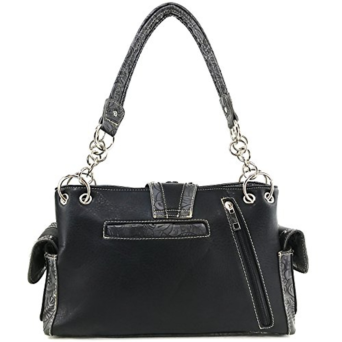 Justin West Buckle Western Floral Damask Embroidery Studs Stars Concealed Carry Handbag Purse (Black Purse Wallet Set)