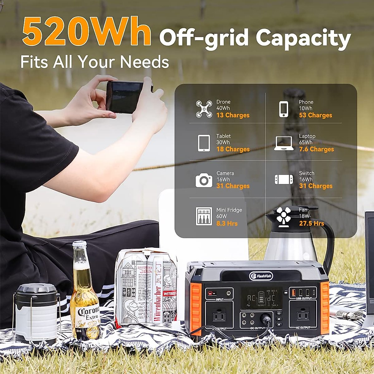 FF FLASHFISH 560W Portable Power Station, 520Wh/140400mAh Solar Generator With 2x110V/560W Surge 1100W AC Outlets, 5xDC Output and 4xUSB Outputs, Backup Power CAPA Battery For Camping/Home/Blackout