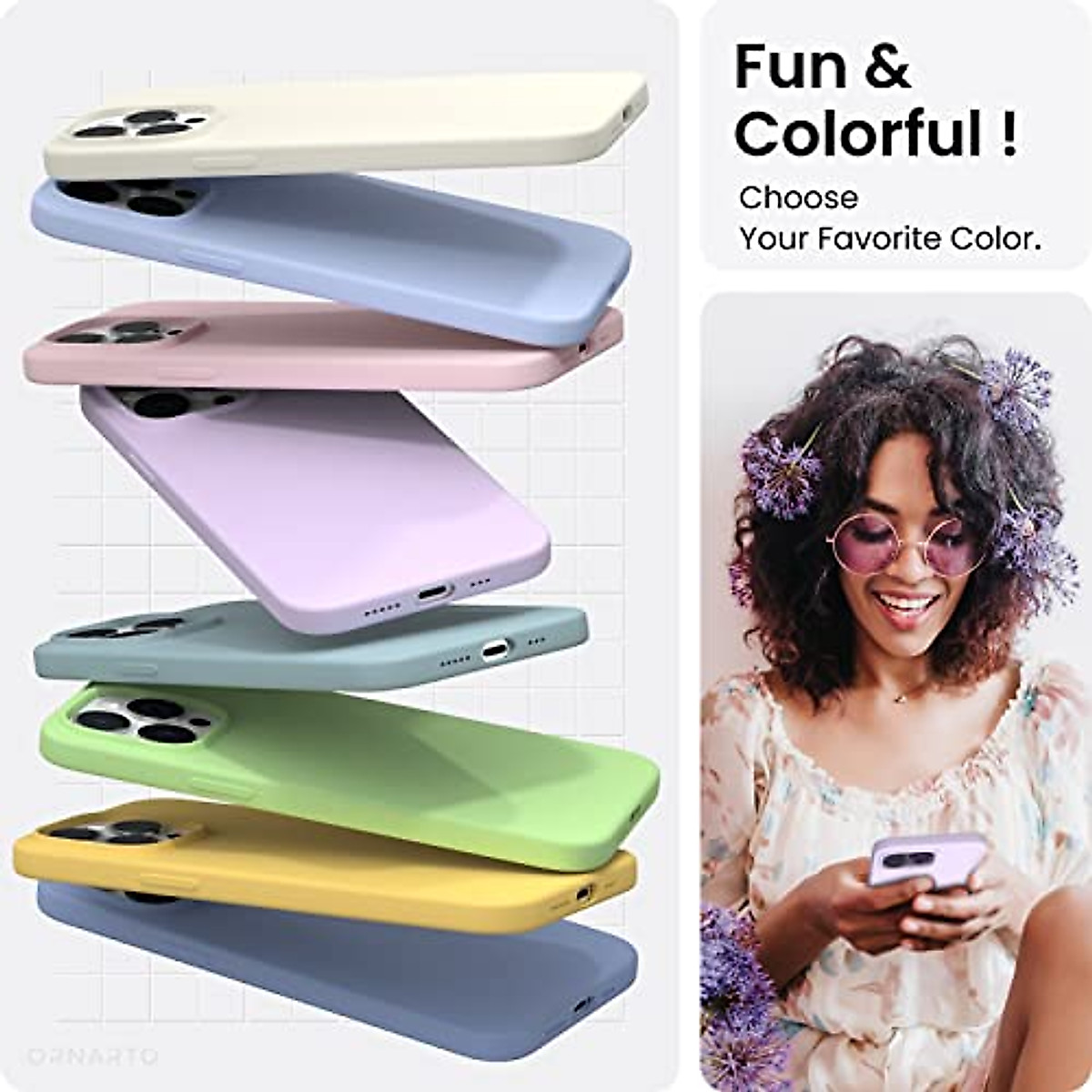 ORNARTO Compatible with iPhone 14 Pro Case 6.1, Slim Liquid Silicone 3 Layers Full Covered Soft Gel Rubber Phone Case Protective Cover with Microfiber Lining 6.1 inch-Pastel Lilac