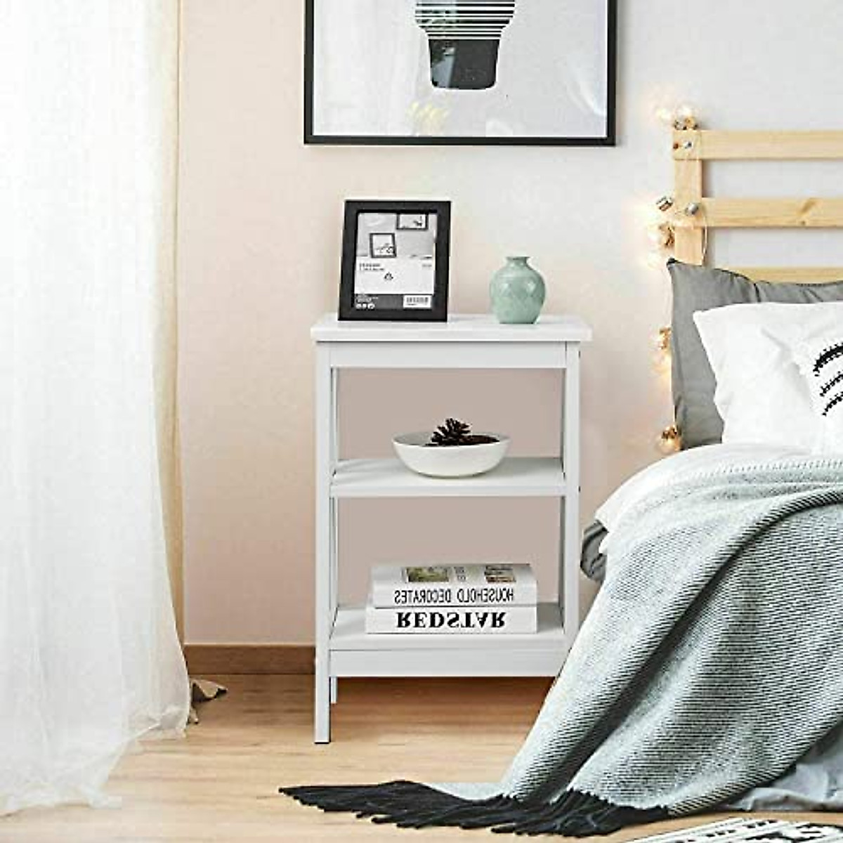 VECELO End Side Table with Storage Shelf Living Room,Bedroom Furniture, White, Nightstand with Shelves
