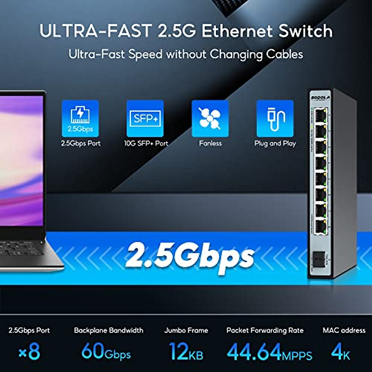 SODOLA 8 Port 2.5G Ethernet Switch with 10G SFP,60Gbps Switching Capacity,Plug & Play/Wall Mountable/Fanless Metal Multi-Gig Unmanaged Network Switch