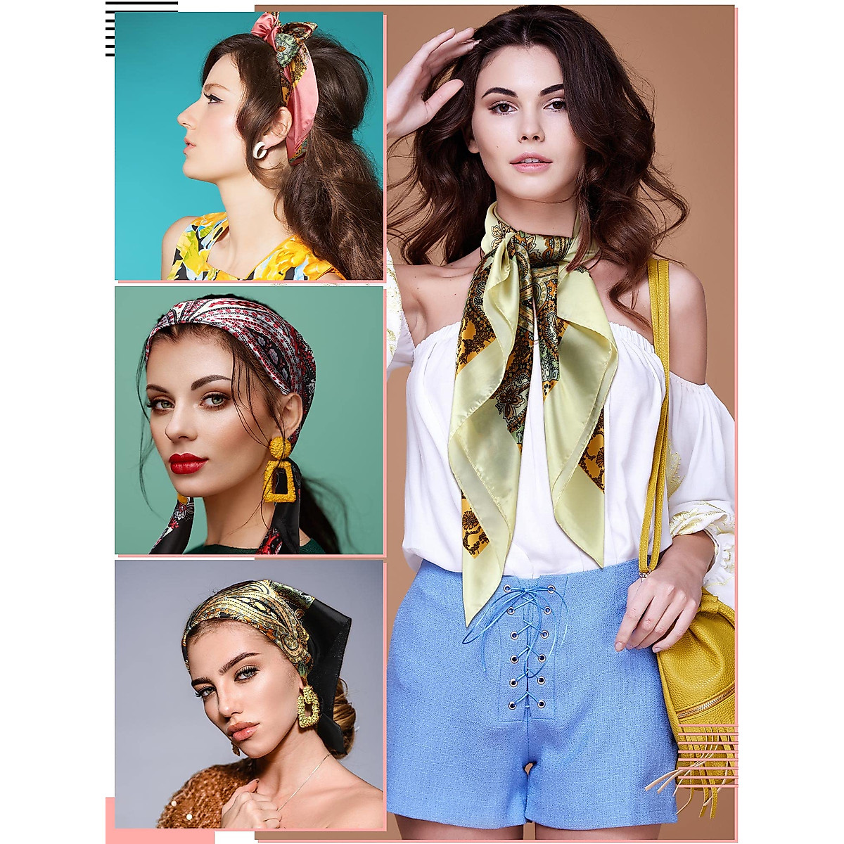 Giegxin 8 Pcs 35 Inch Silk Head Scarves Satin Scarf Square Hair Scarf Lightweight Headband Bandanas for Women Hair Wrapping(Vintage)