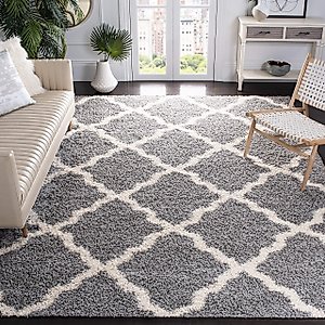 SAFAVIEH Dallas Shag Collection Area Rug - 8' x 10', Grey & Ivory, Trellis Design, Non-Shedding & Easy Care, 1.5-inch Thick Ideal for High Traffic Areas in Living Room, Bedroom (SGD257G)
