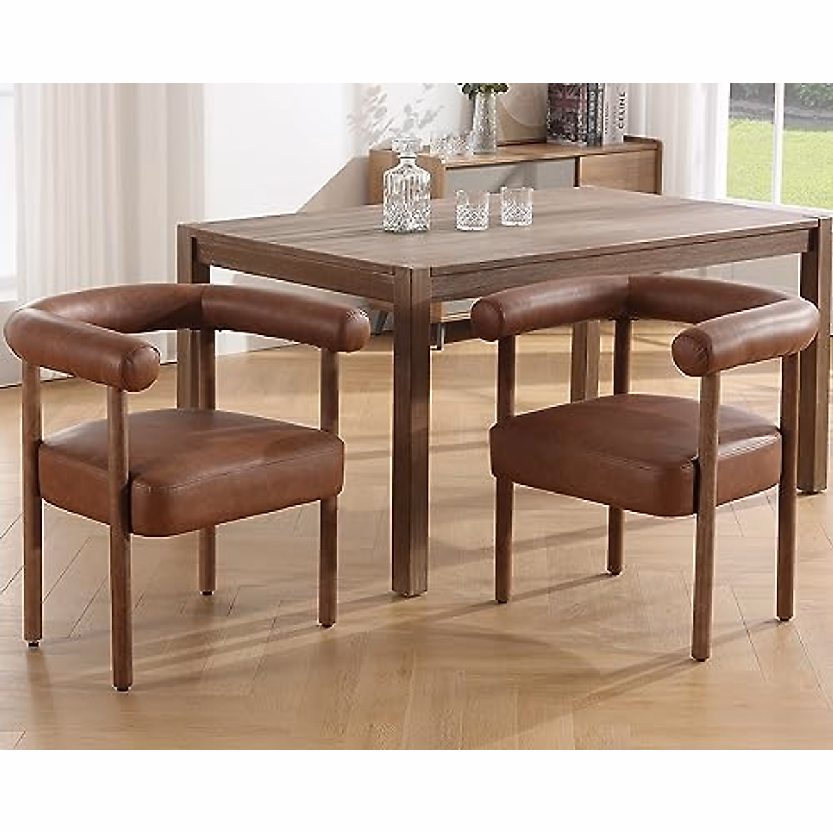 VESCASA Upholstered Dining Chairs with Natural Brush Wood Legs, Faux Leather Mid-Century Modern PU Dining Chairs with Curve Padded Open Back for Dining Room, Kitchen, Set of 2, Brown