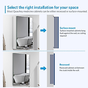 Quavikey Mirrored Medicine Cabinet with Aluminum Recessed or Surface Mount for Bathroom Storage 20x26 Inch, Silver