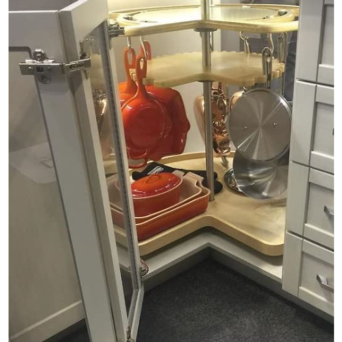 Wood Kidney Shape Swiveling Lazy Susan Hooks Pots and Pans Organizer with 7 Metal for Corner Base Cabinet (28" Diameter)