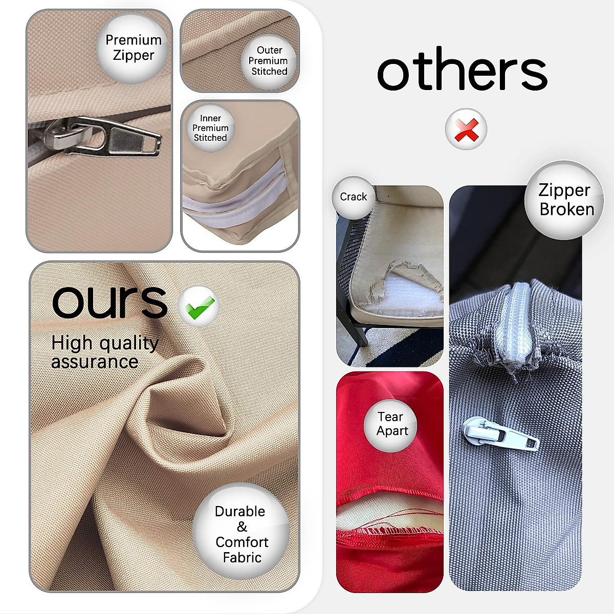 ClawsCover 6Pack Outdoor Seat and Back Cushions Replacement Covers Fit for 3 Pieces 3-Seater Wicker Rattan Patio Furniture Conversation Set Sectional Couch Chair,Light Khaki-Include Cover Only