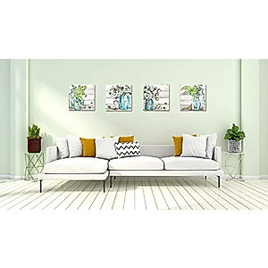 Flower Painting Wall Art Watercolor MasonJar Floral Picture Artwork 4 Panel Modern Oil Painting Print on Canvas for Bedroom Living Ready to Hang