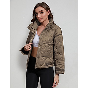 Seetaa Quilted Puffer Jacket Womens Stand Collar Full-Zip Outerwear Puffy Coats Jacket with Pockets(Brown-XL)
