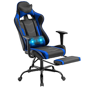 Gaming Chair Office Chair Desk Chair Massage PU Leather Recliner Racing Chair with Headrest Armrest Footrest Rolling Swivel Task PC Ergonomic Computer Chair for Back Support, Blue