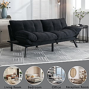 Anwick Modern Futon Couch Bed Sofa: Velvet Fabric Quick Folding Armrest Space-Saving Convertible 2 Seater Loveseat for Living Room Bedroom Small Rooms Apartment (Black)