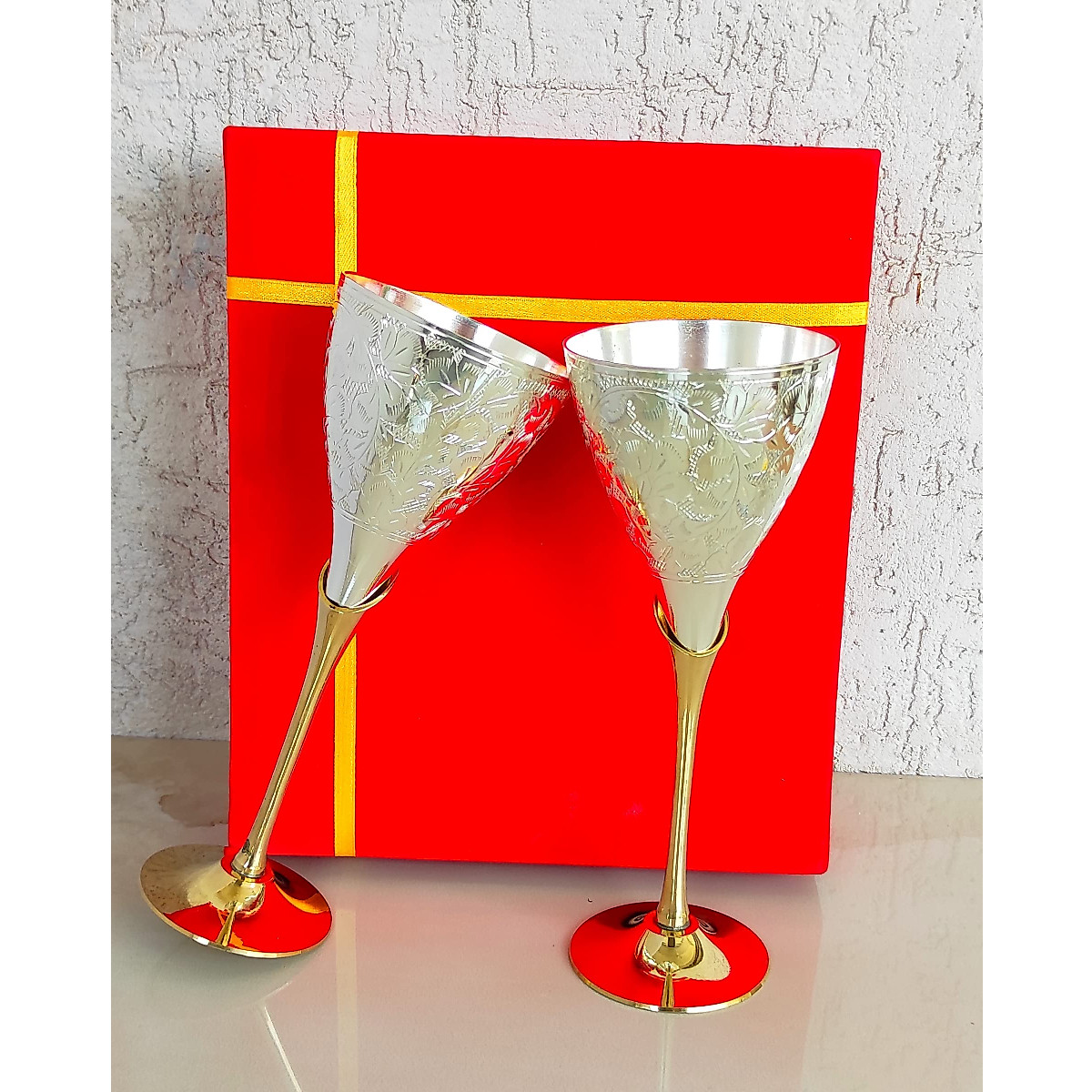 VIBRANIC Wine Glass Handmade Engraved Vintage Silver Plated Brass Champagne curved Fluted Wine Glass Pack of 2