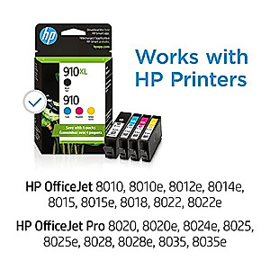 HP 910 / 910Xl (3Jb41an) Ink Cartridges (Cyan Magenta Yellow Black) 4-Pack in Retail Packaging