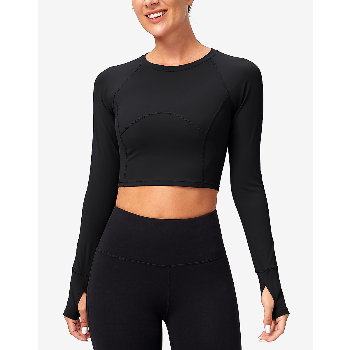 SANTINY Women's Long Sleeve Crop Workout Tops Slim Fit Gym Yoga Running Shirts for Women(Black_L)