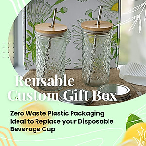 [2Pack] Glass Cups Set - 22oz Mason Jar Drinking Glasses w/Bamboo Lids & Straws & 2 Airtight Lids - Cute Reusable Gift Box Boba Bottle, Iced Coffee Glasses, Travel Tumbler for Bubble Tea, smoothie
