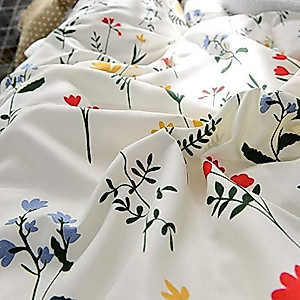 ARIGHTEX Red Yellow Floral Microfiber Bedding Comforter Cover Set Full Size Nature Botanical Quilt Cover Green Leaves Printed Duvet Cover with Zipper Closure (3 Piece)