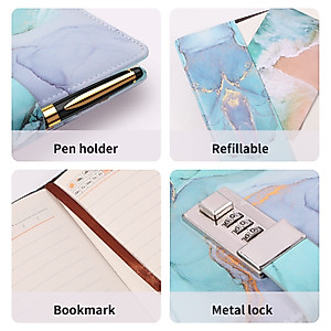 Marble Diary with Lock for Girls and Women, A5 Leather Locked Journal for Teen Girls, Secret Cute Password Lock Notebooks with Pen Holder for Travel Diary Office Notepad