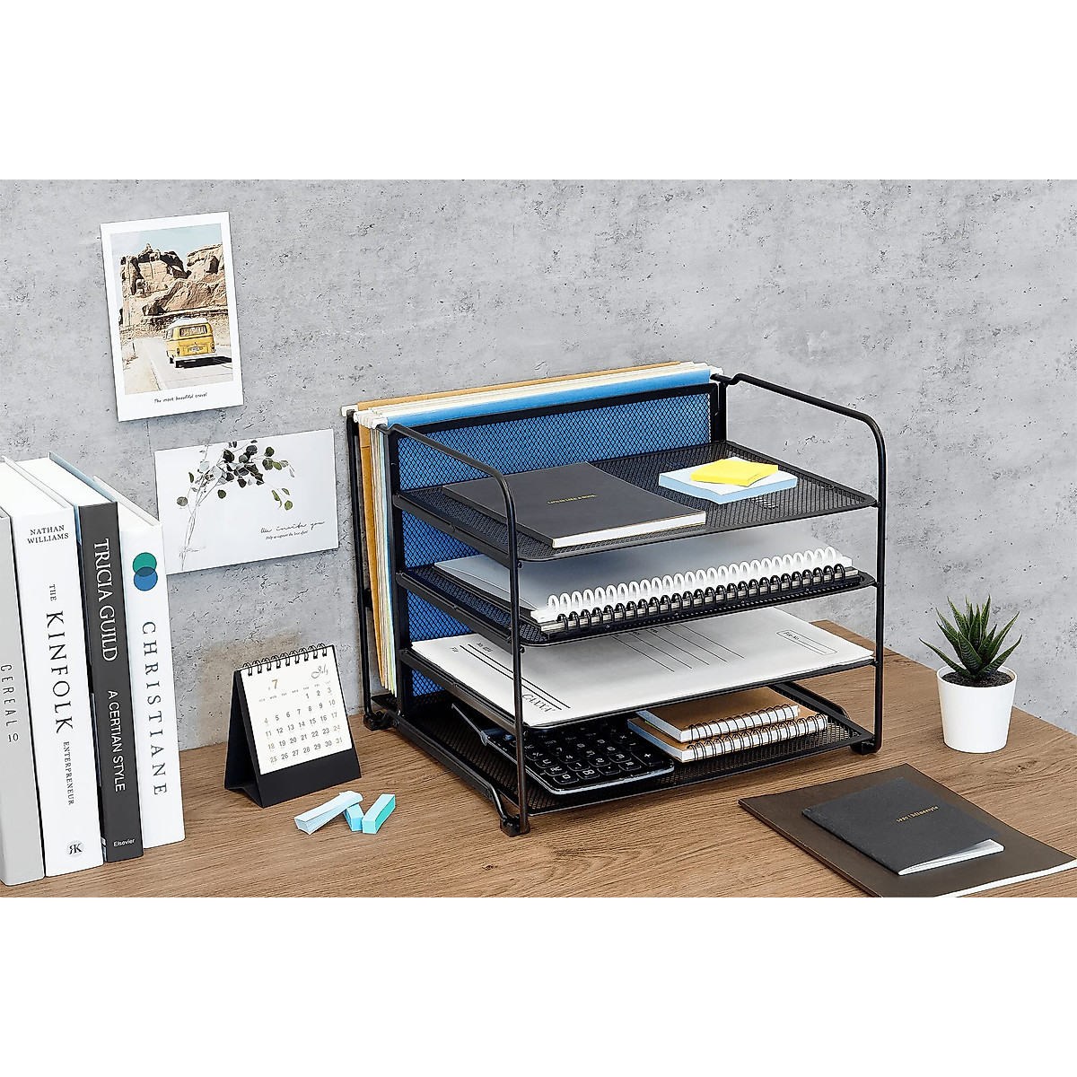 CAXXA 4 Tier Mesh Document Trays with Vertical Upright Section for Hanging File Holders, Mesh Office Supplies Desk Organizer, Black