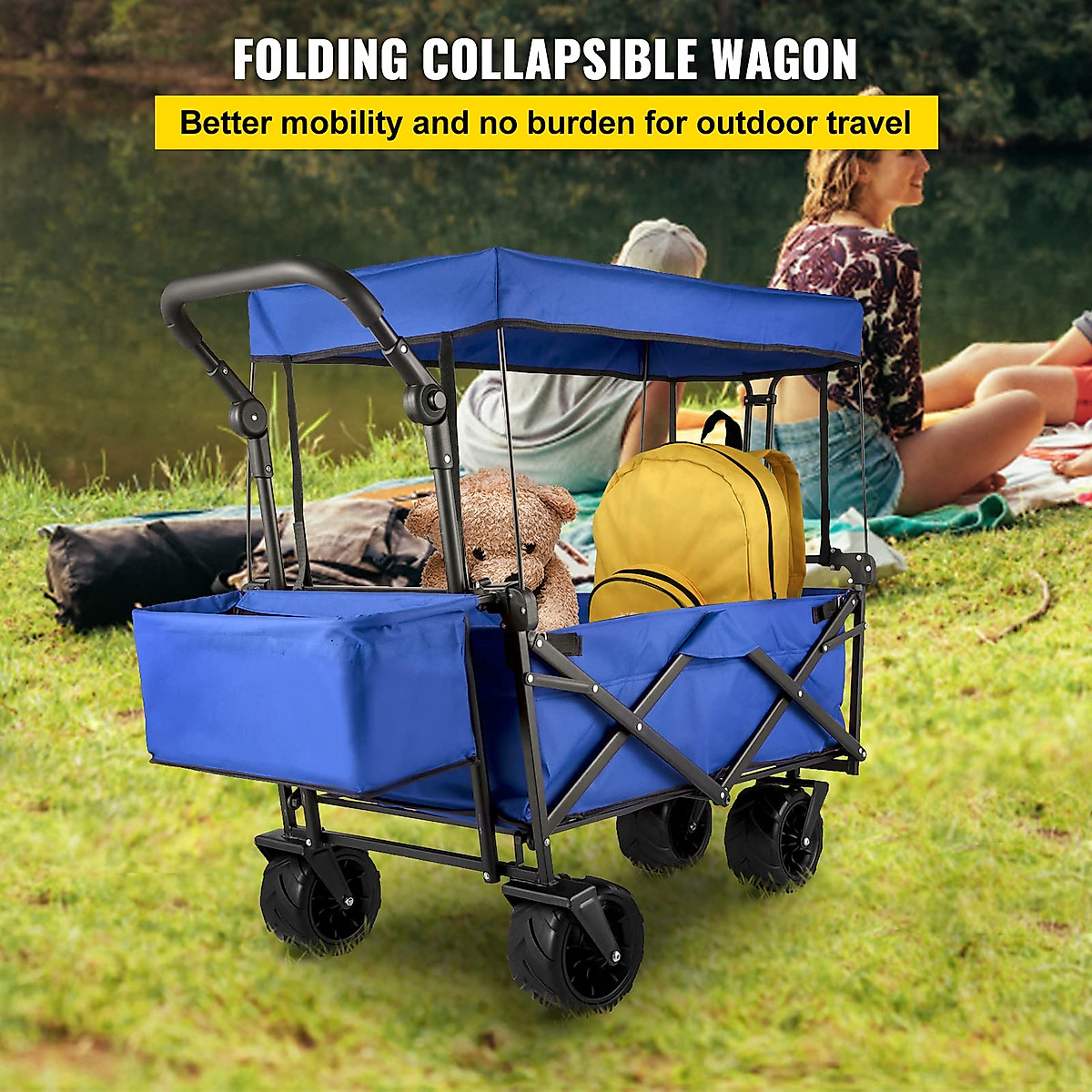 HAPPYBUY Extra Large Collapsible Garden Cart/Wagon with Removable Canopy, 220lbs Capacity Push& Pull Utility Cart with Rear Storage; Upgrad Padded Cotton 600D OxfortSecure Lock (40IN40IN20IN, Blue)