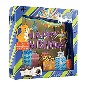 HOMANGA Happy Birthday Cat Greeting Card, 3D Cat Birthday Card, Cat Box Pop Up Bday Card, Displayable Birthday Gift for Cat Person, Mom, Daughter, Sister, Friend with Blank Note and Envelope, 6" x 6"