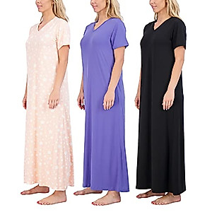 3 Pack: Womens Short Sleeve Maxi Crew V-Neck Nightgown Long Soft Nightshirt Women Night Gowns Nightdress Sleep Lounge House Dress Sleepwear Pajama Tops PJs Sexy Sleeping Ladies PJ Floor - Set 5, XXL