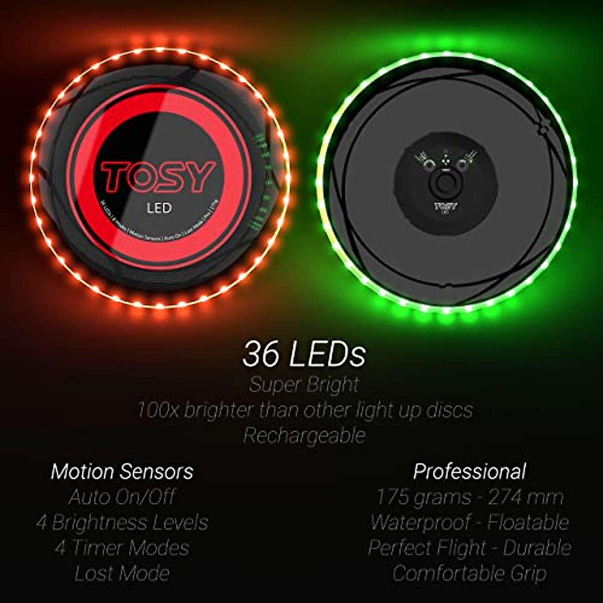 TOSY 36 and 360 LEDs Flying Disc - Extremely Bright, Smart Modes, Auto Light Up, Rechargeable, Perfect Birthday & Outdoor Camping Gift, Easter Basket Stuffers for Men/Boys/Teens/Kids, 175g frisbees