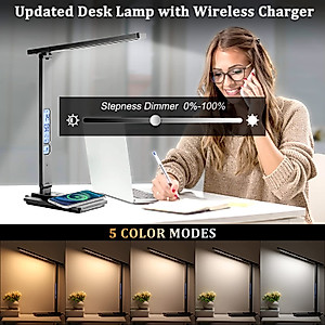 Dott Arts LED Desk Lamp with Wireless Charger, Touch Control Study Lamp with USB Charging Port, Table Lamp with Clock, Alarm, Date, Temperature, Office Lamp, Desk Lamps for Home Office,Black