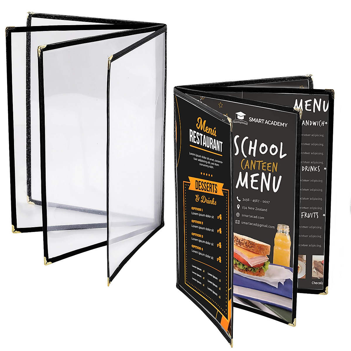 Menu Covers 8.5 x 11 Inch Restaurant Menu-Holder - 2PCS 4 Page 8 View Transparent Menu Sleeve,Fits A4 Size Paper for Restaurant Menu Home Shool Office Daily (Black)