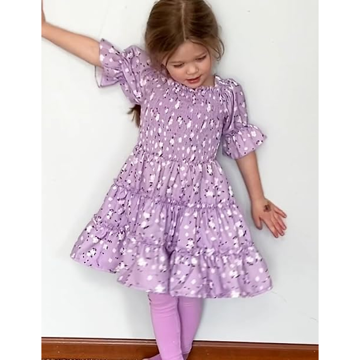 Purple Toddler Girl Dress Square Neck Puff Sleeve A-Line Toddler Floral Dresses Summer Dresses for Toddler Girls 5T 6T Dress