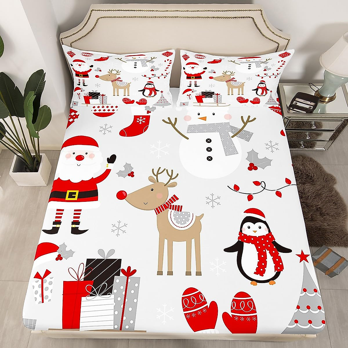 Cute Cartoon Penguin Fitted Sheet Merry Christmas Bed Sheets Full Size Santa Claus Gifts Bed Set Happy New Year Xmas Bedding Set 3 Piece Christmas Elk Christmas Themed Bedding