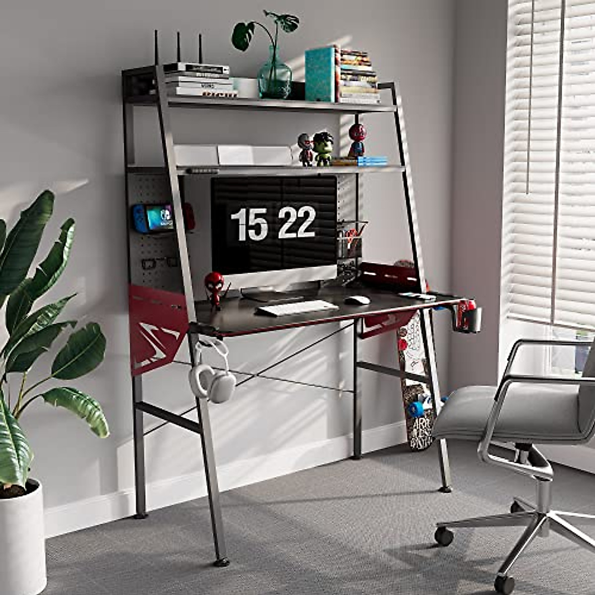 EUREKA ERGONOMIC LED Gaming Desk with Shelves, Dual Pegboards, 43'' Computer PC Desk with Hutch Storage, Gaming Table Ladder Desk with Mouse Pad, Cup & Headphone Holder, Teens Study, Small Space