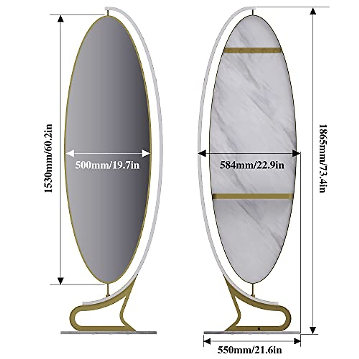 ANYHI 73 x 23 Inch Standing LED Mirror Full Length, Full Length Mirror with Lights, 360°Swivel Large Full Body Mirror with Lights, Lighted Free Standing Up Floor Mirror Full Length (Gold)