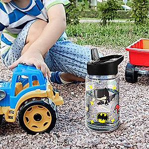LOGOVISION Batman Kids Tritan Plastic Water Bottle with Straw Lid and Handle, Reusable Tumbler for Toddlers, Unisex for Girls and Boys, 12oz, Chibi Friends