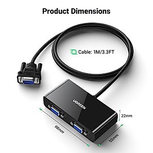 UGREEN VGA Splitter 1 in 2 Out Screen Duplication Support Mirror Mode Only Y Splitter Computer Monitor VGA SVGA Port with 1M Cable Support 1080P 60Hz for Laptop PC to Monitor