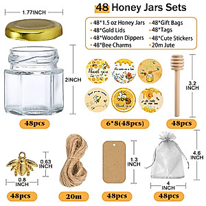 Aliggbent Honey Jars,48 Pcs Mini Honey Jars Party Favors in Bulk,1.5oz Small Hexagon Glass Honey Jars with Dipper,Stickers,Gold Lid,Charm,Gift Bags and Jute,for Baby Shower,Wedding Favors(No Honey)