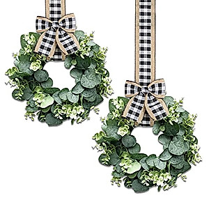 Faux Kitchen Cabinet Wreaths, 2 Pieces Small Pecuniary Eucalyptus Wreath 10 Inch Summer Farmhouse Wreath Mini Kitchen Cabinet Wreaths for Door Window Chair Wall Decor (Plaid Bow Style)