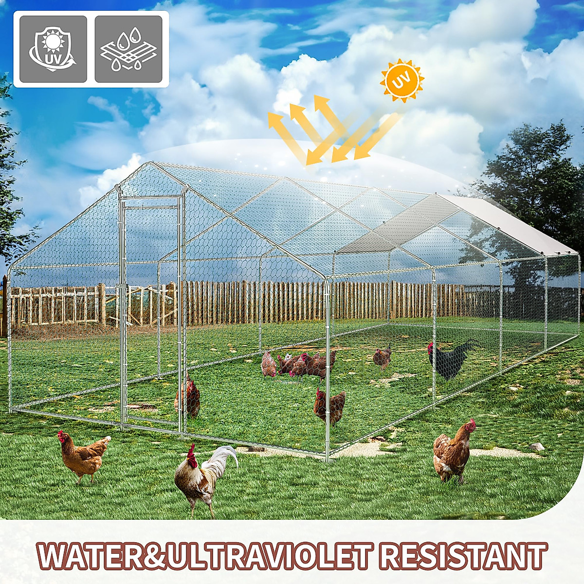 BESBLEE Galvanized Large Metal Chicken Coop Walkin Poultry Cage Hen Run House Rabbits Habitat Cage Spire Shaped Coops UV & Water Resistant Cover for Outdoor Backyard(13.1’L x 9.8’W x 6.5’H)