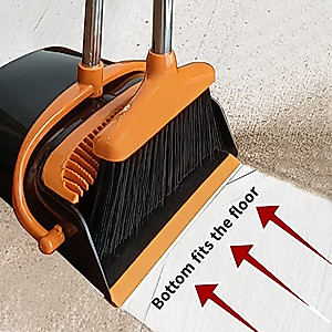 Broom and Dustpan Set(51" Long), Adjustable Length Stainless Steel Broomstick, Sstanding Dustpan and Broom for Office, Home Kitchen, Lobby Floor use (Orange and Black)